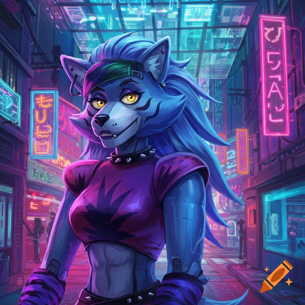 A cartoon anthropomorphic brown wolf in a red shirt, black leather ...