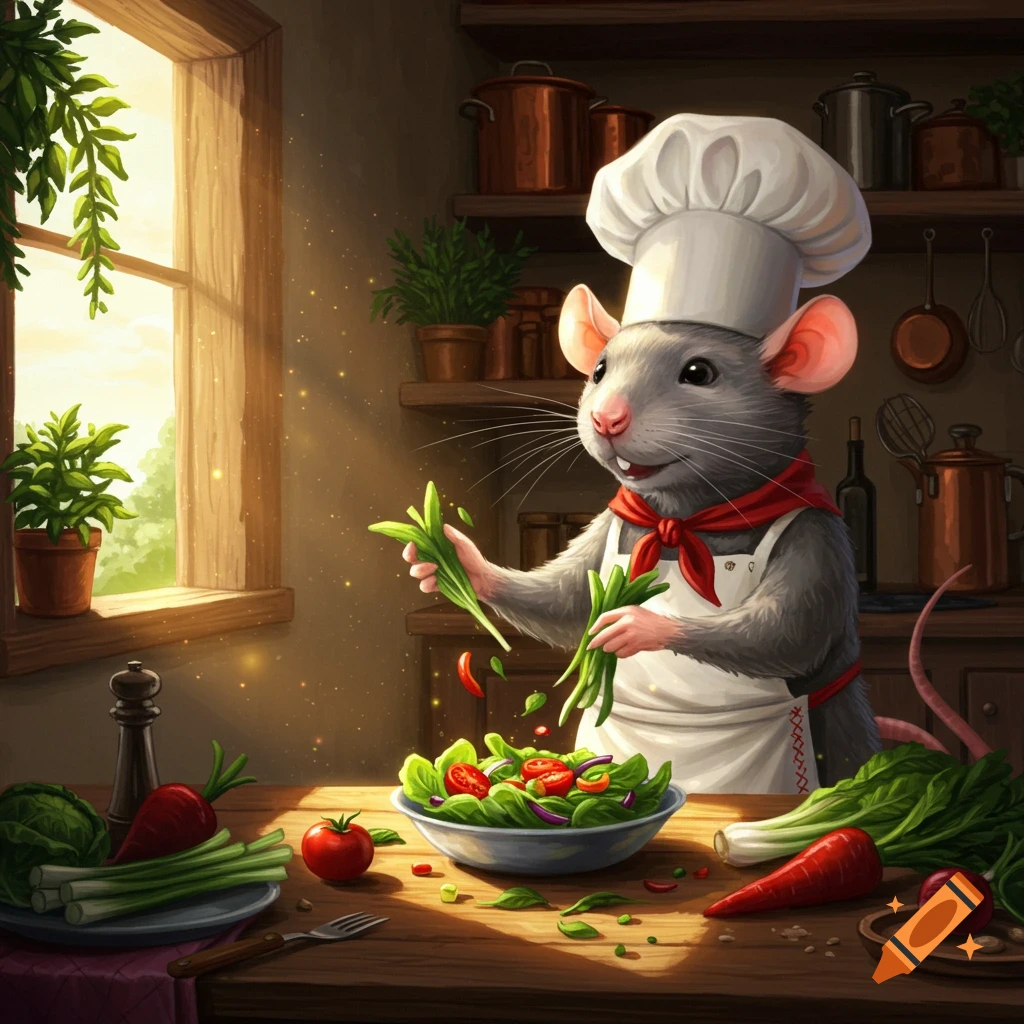 A cartoon rat chef in an apron and hat prepares a salad in a cozy ...