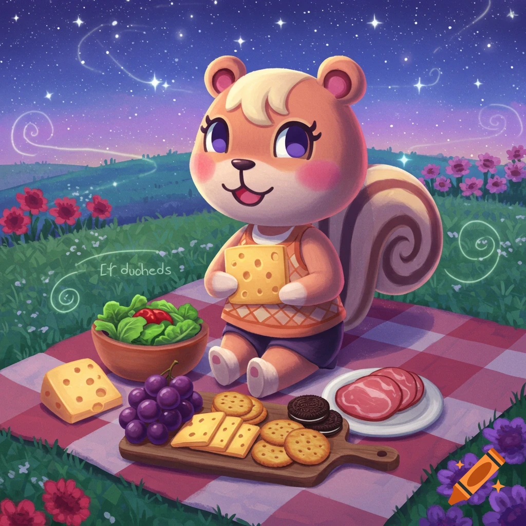 Ione the squirrel from Animal Crossing sits on a picnic blanket at ...