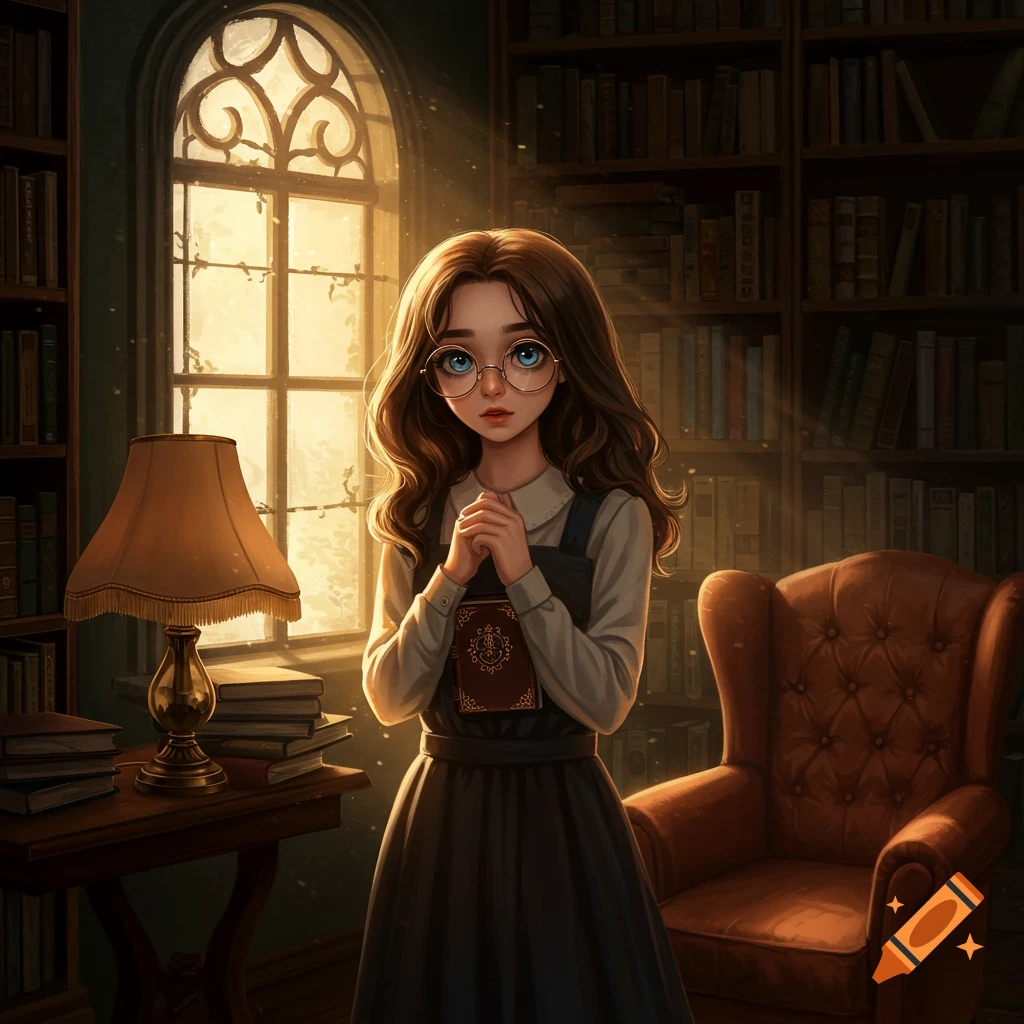 An anime-style girl with dark hair and glasses stands in a magical ...