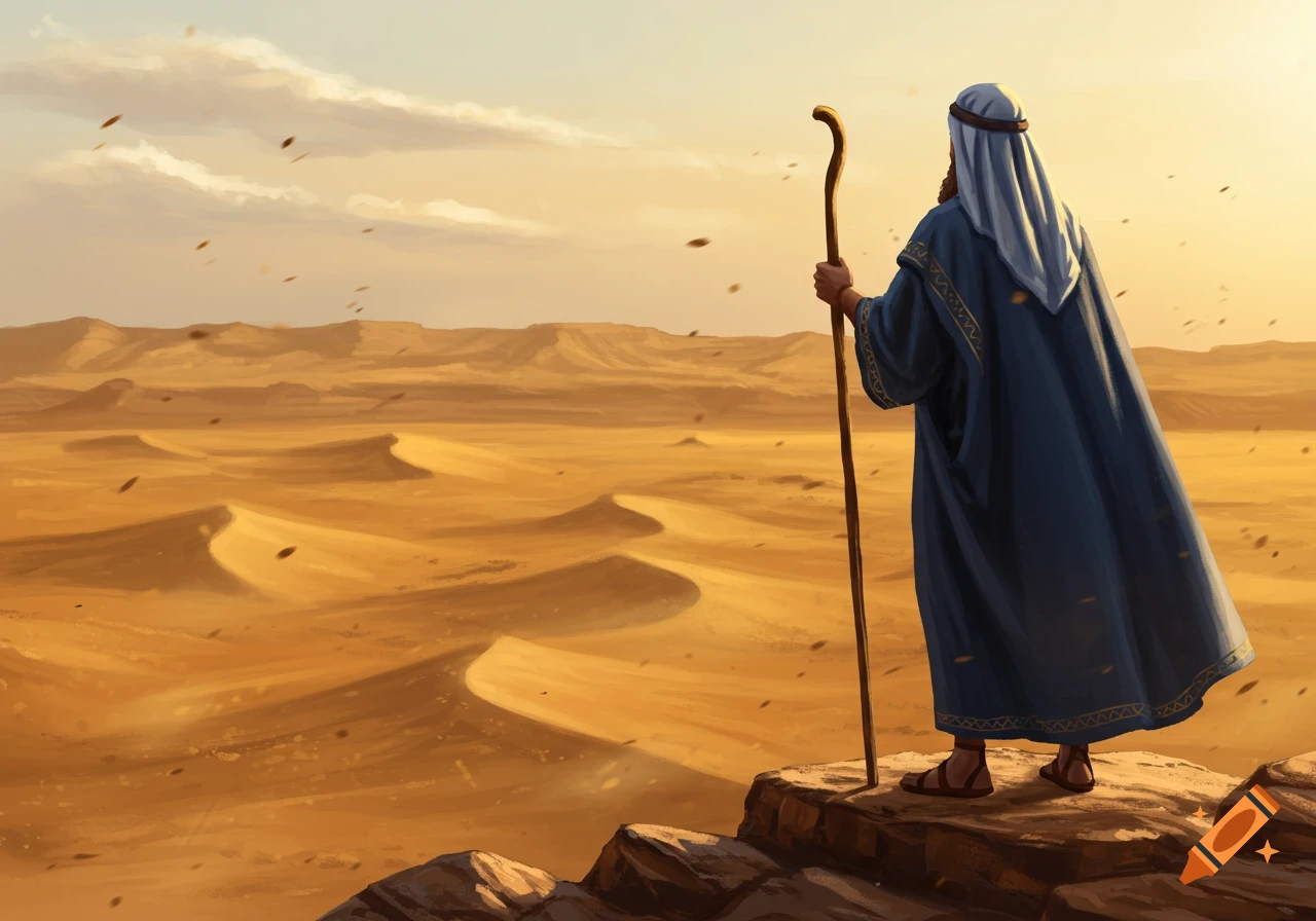 An old, bearded man in robes with a staff stands in a vast, sunny ...