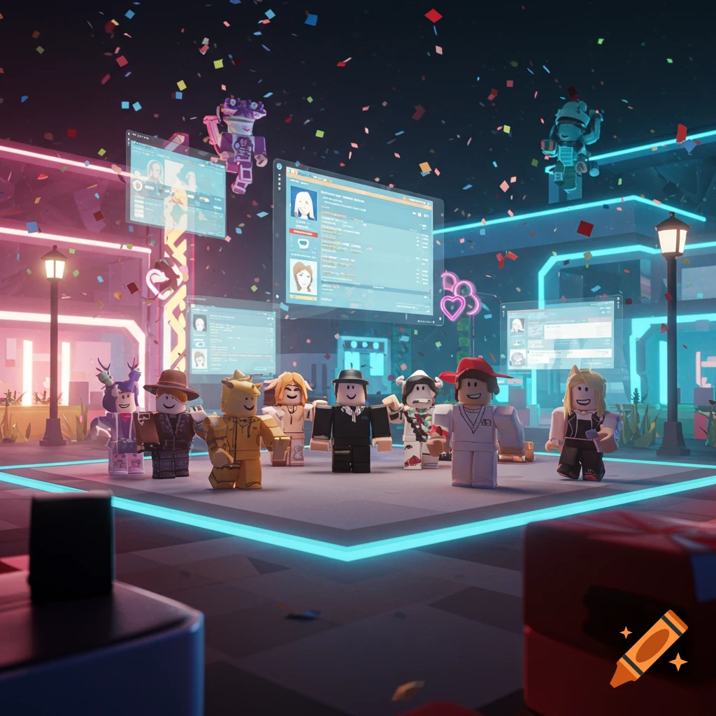 Roblox-style characters in a colorful, blocky futuristic city with ...