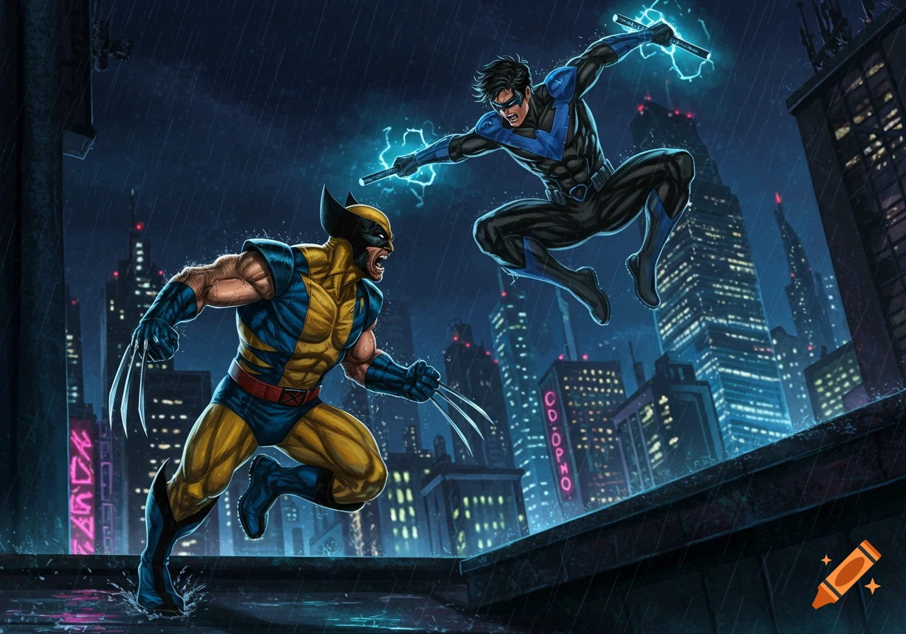 Blond Nightwing in a black and blue costume leaps over a dark city ...
