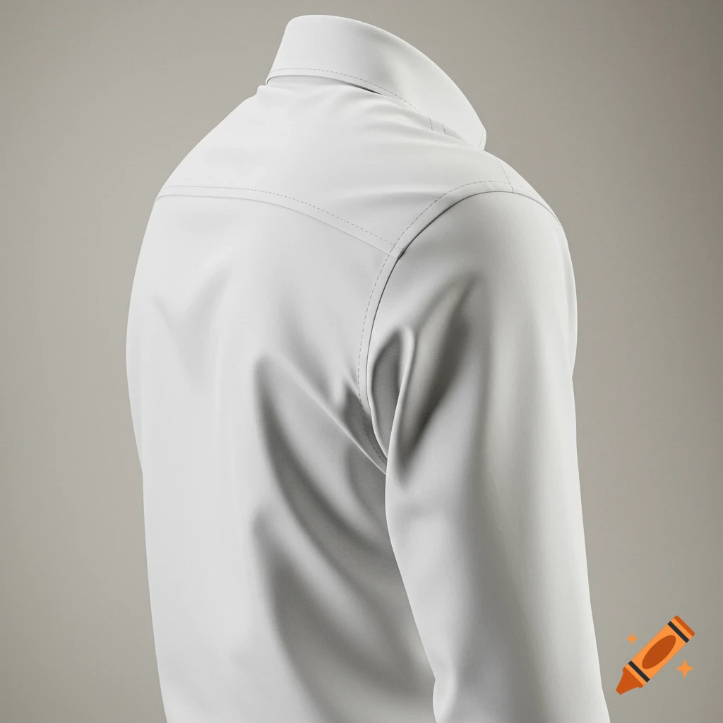 Hyper-realistic white long-sleeve collared shirt, side view, focus on ...
