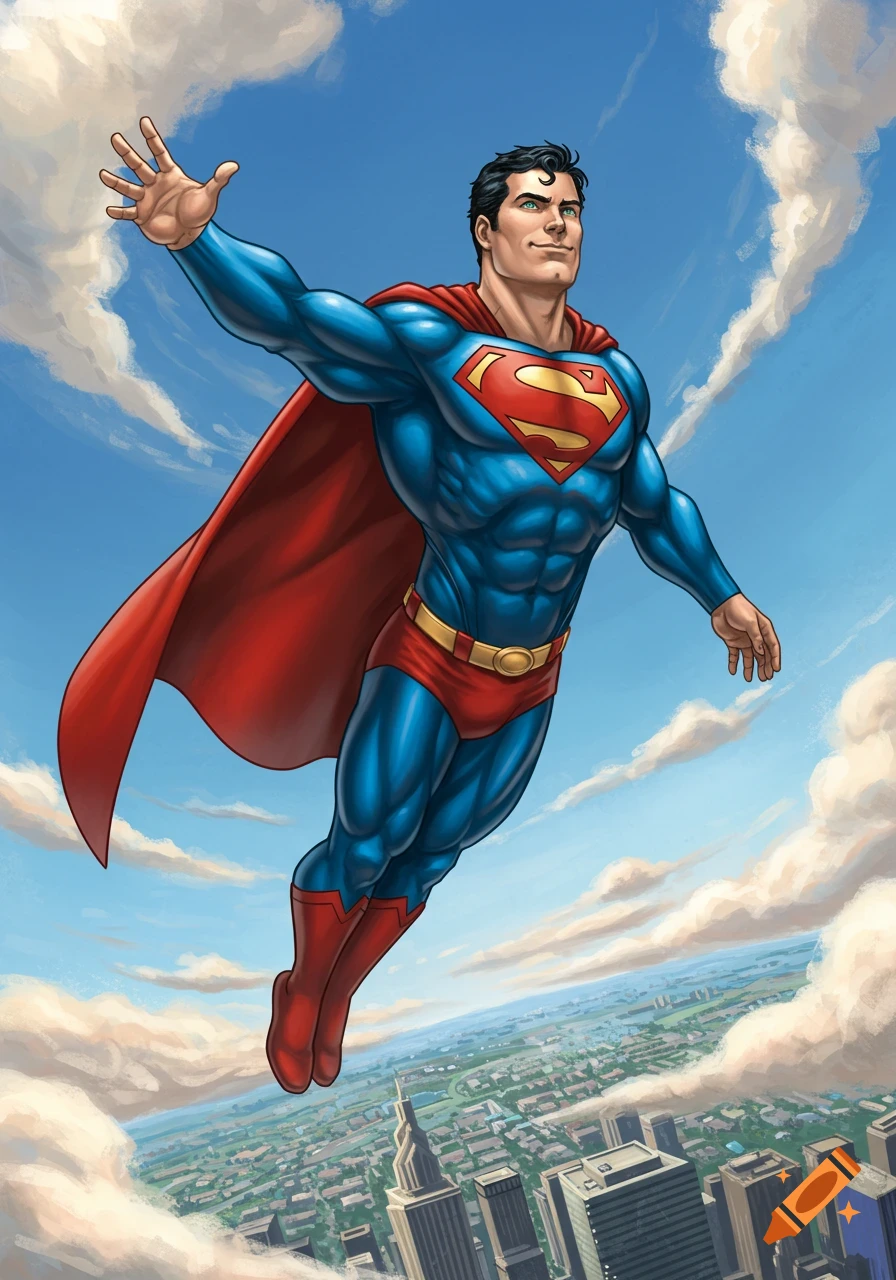 A powerful superhero in a blue, white, and red suit and cape flies ...