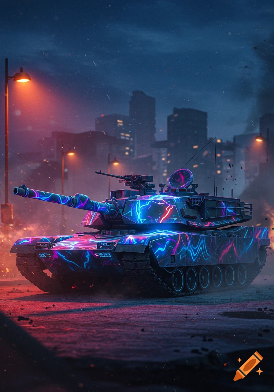 Stylized dark grey tank with blue lighting inside a metallic rounded ...