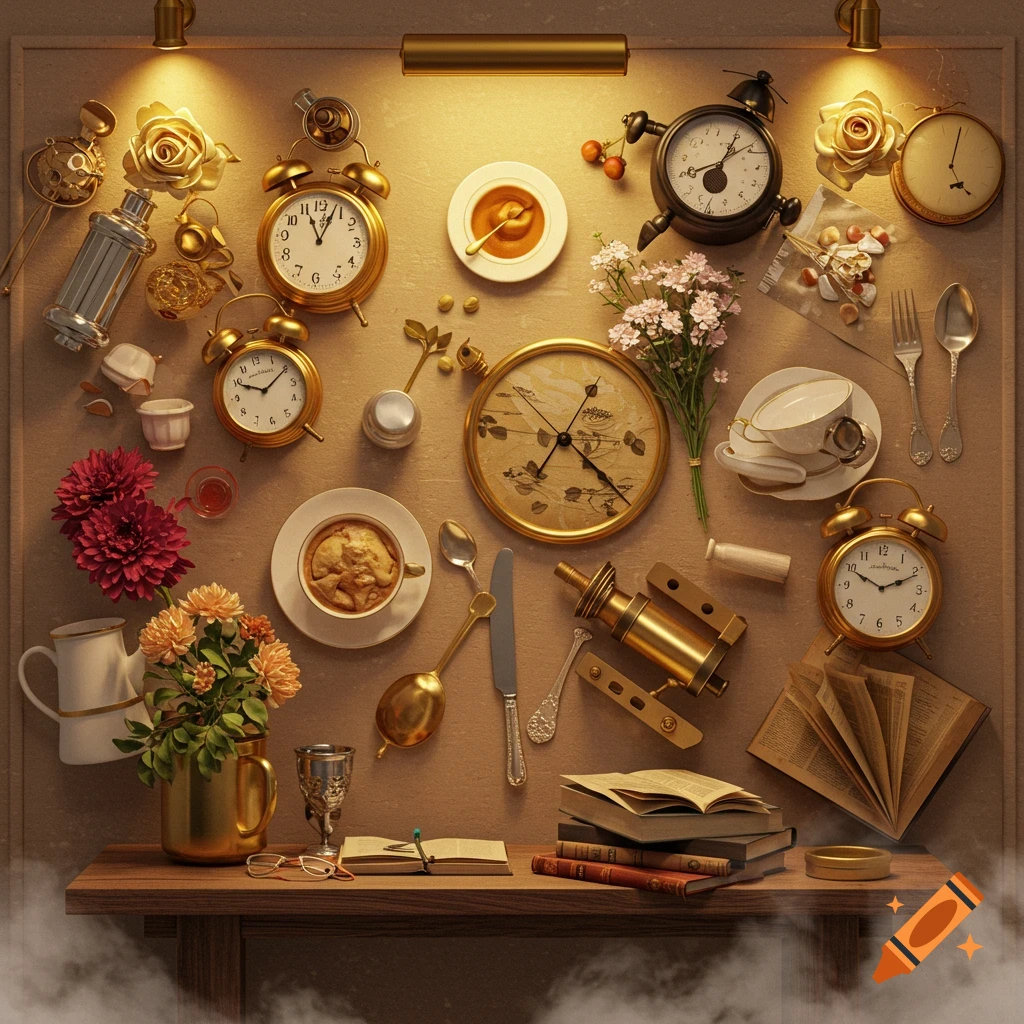 A detailed overhead still life of various golden and silver clocks ...