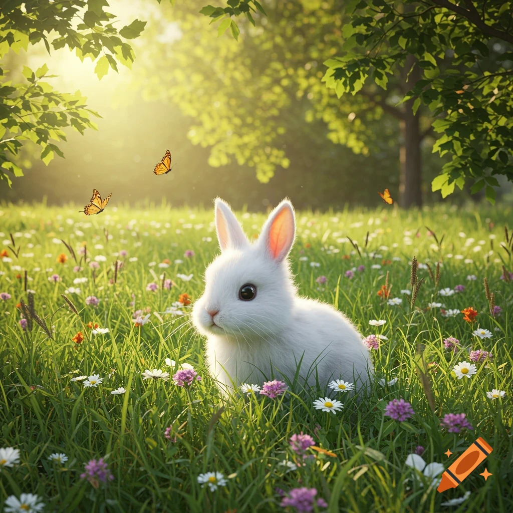 A cute white bunny sits in a vibrant meadow among pink tulips and white ...