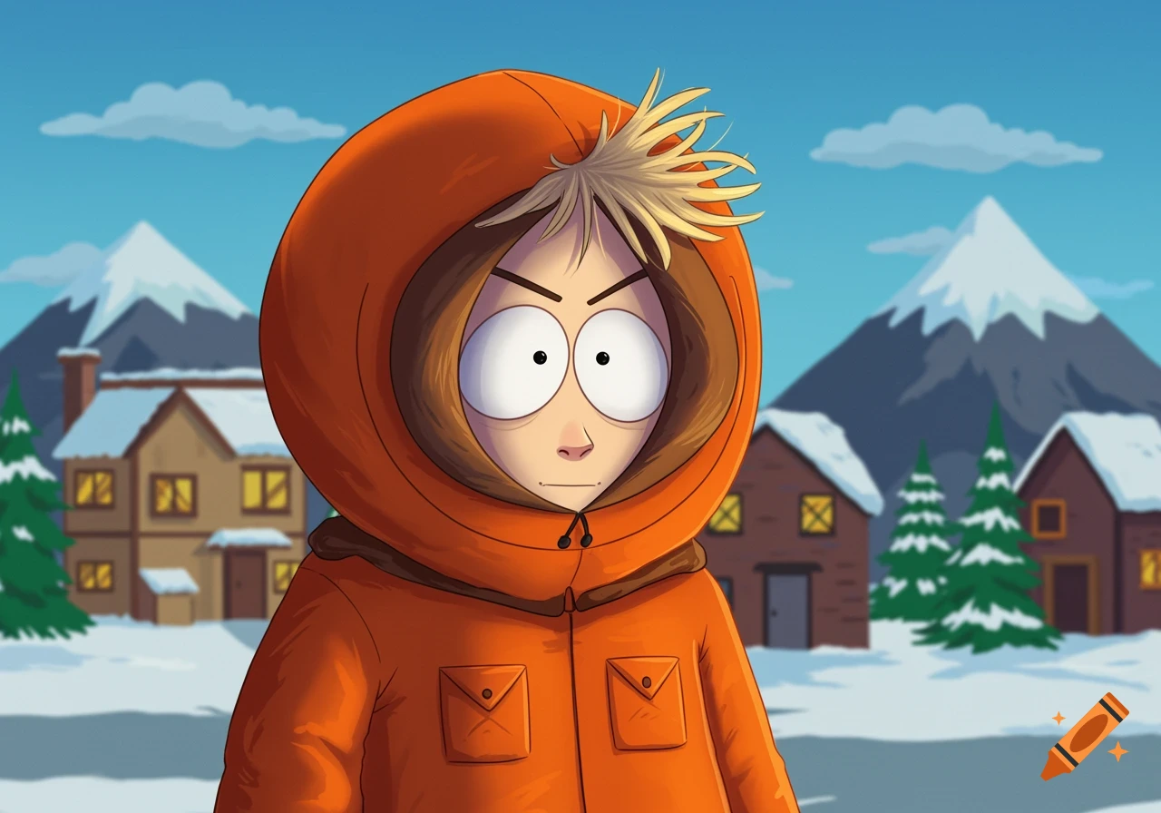 Crying Kenny from South Park in an unzipped orange parka stands on a ...