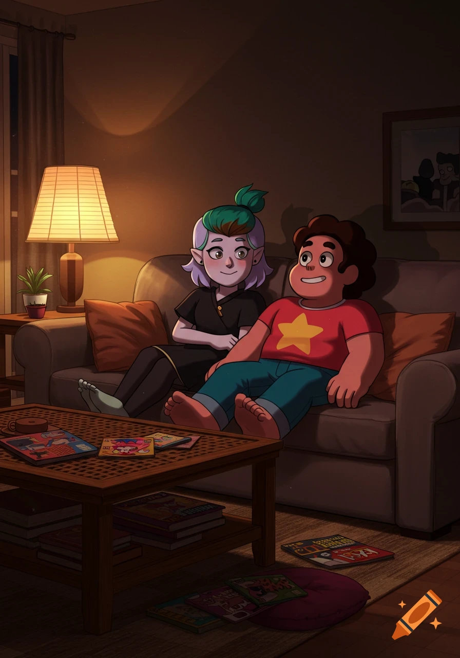 Amity Blight and Steven Universe sit barefoot on a sofa in a cozy ...