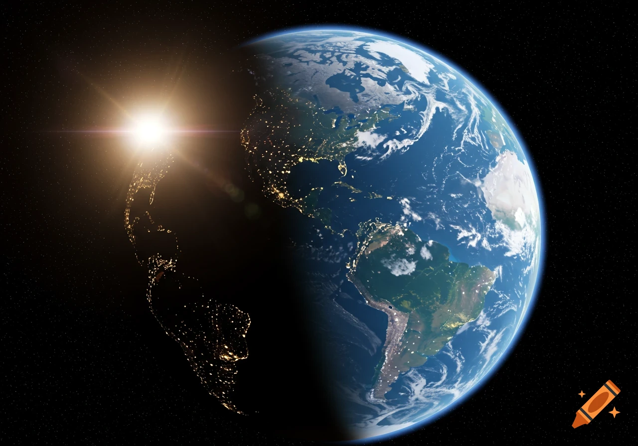 Photorealistic view of Earth from space, with the sun illuminating the ...