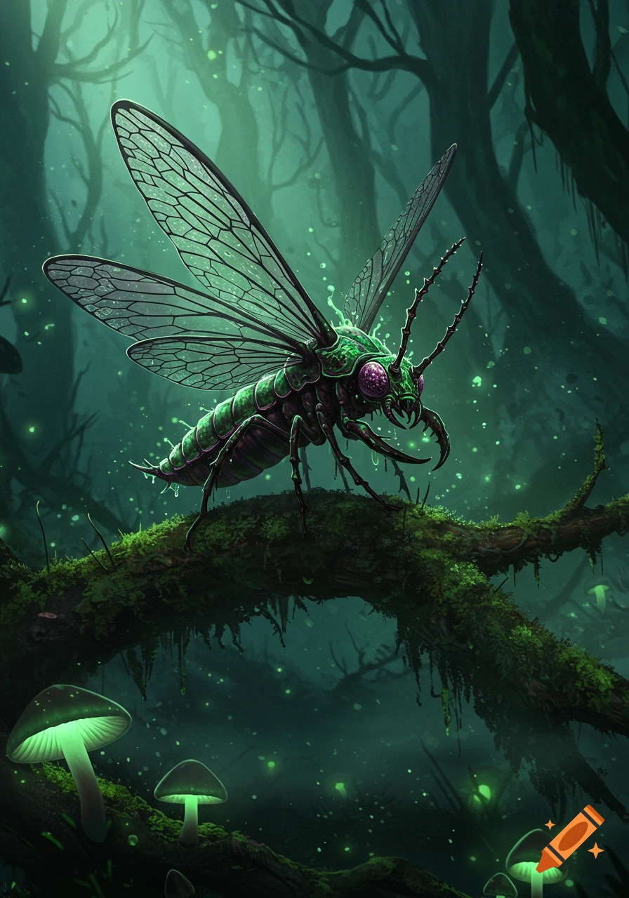 A large, green and purple insectoid creature with translucent wings ...