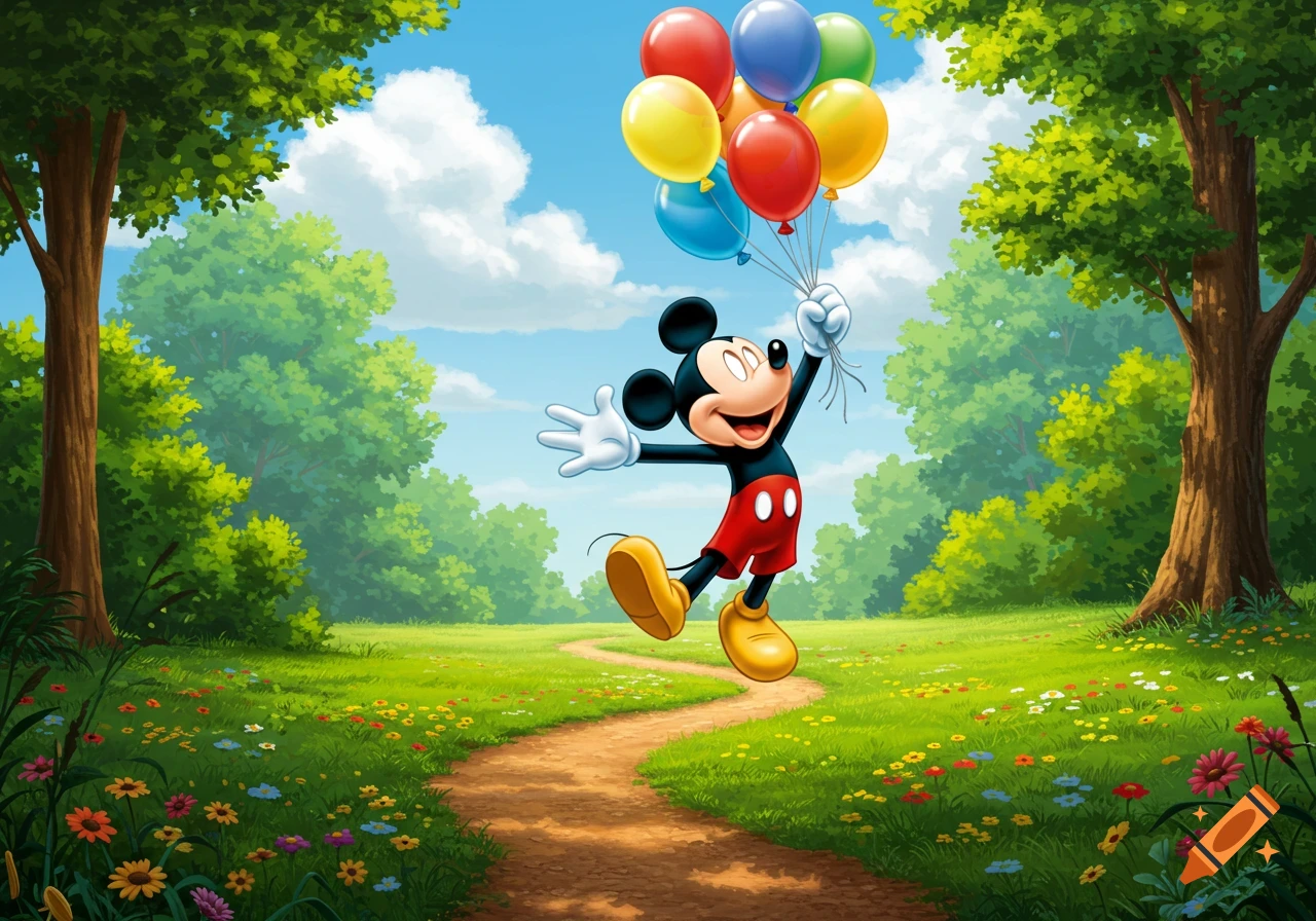 Cartoon Mickey Mouse holds a red umbrella on a winding path through a ...
