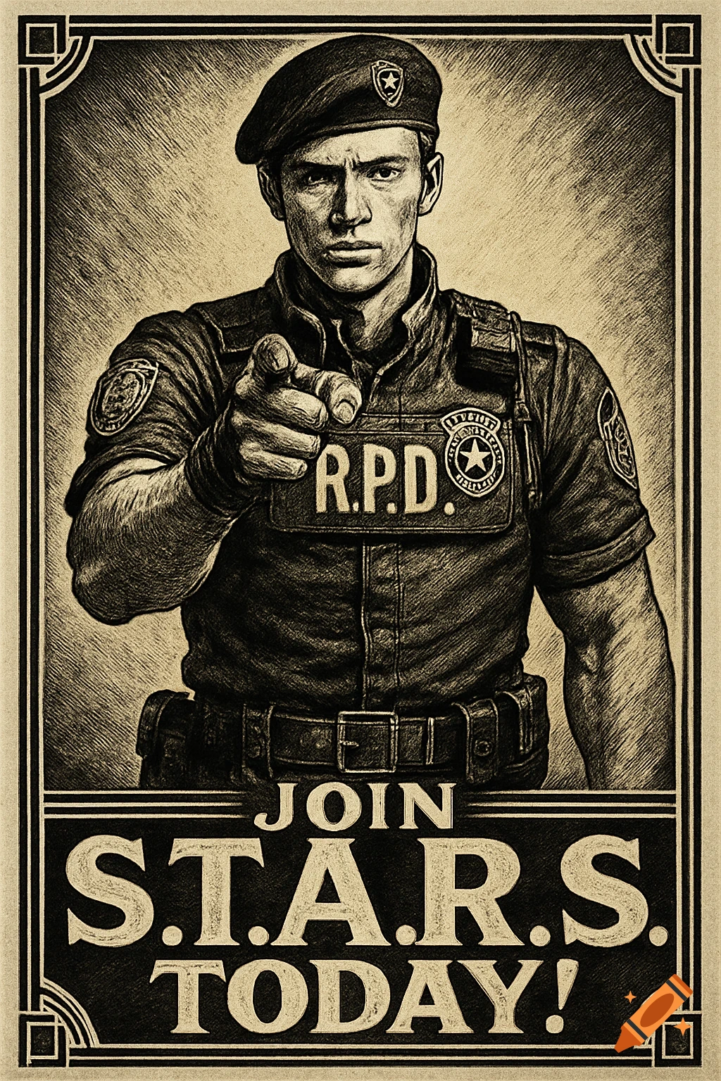 Vintage propaganda poster of a man in an R.P.D. police uniform pointing ...