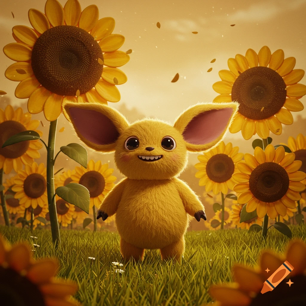 A fluffy yellow creature with large ears and a wide smile stands in a ...