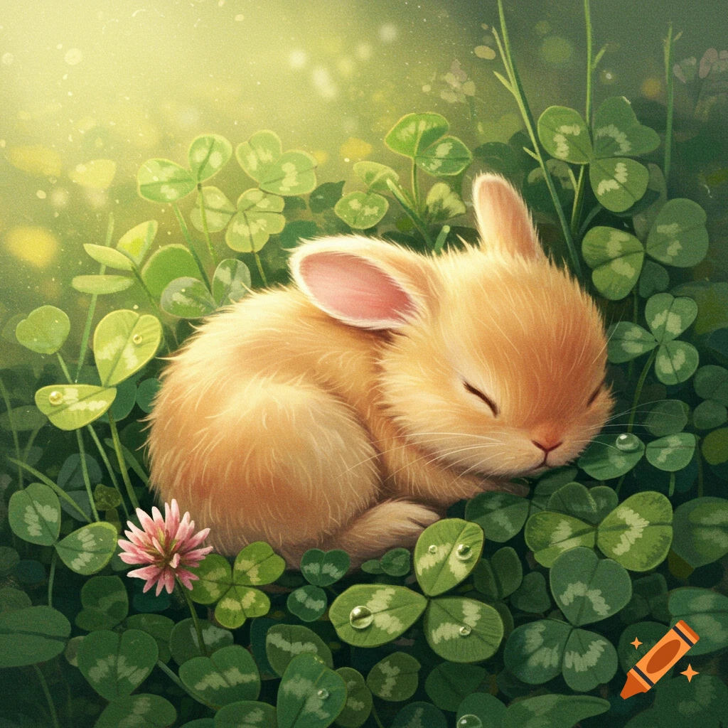 A cute fluffy brown bunny sleeping curled up in a field of green clover ...