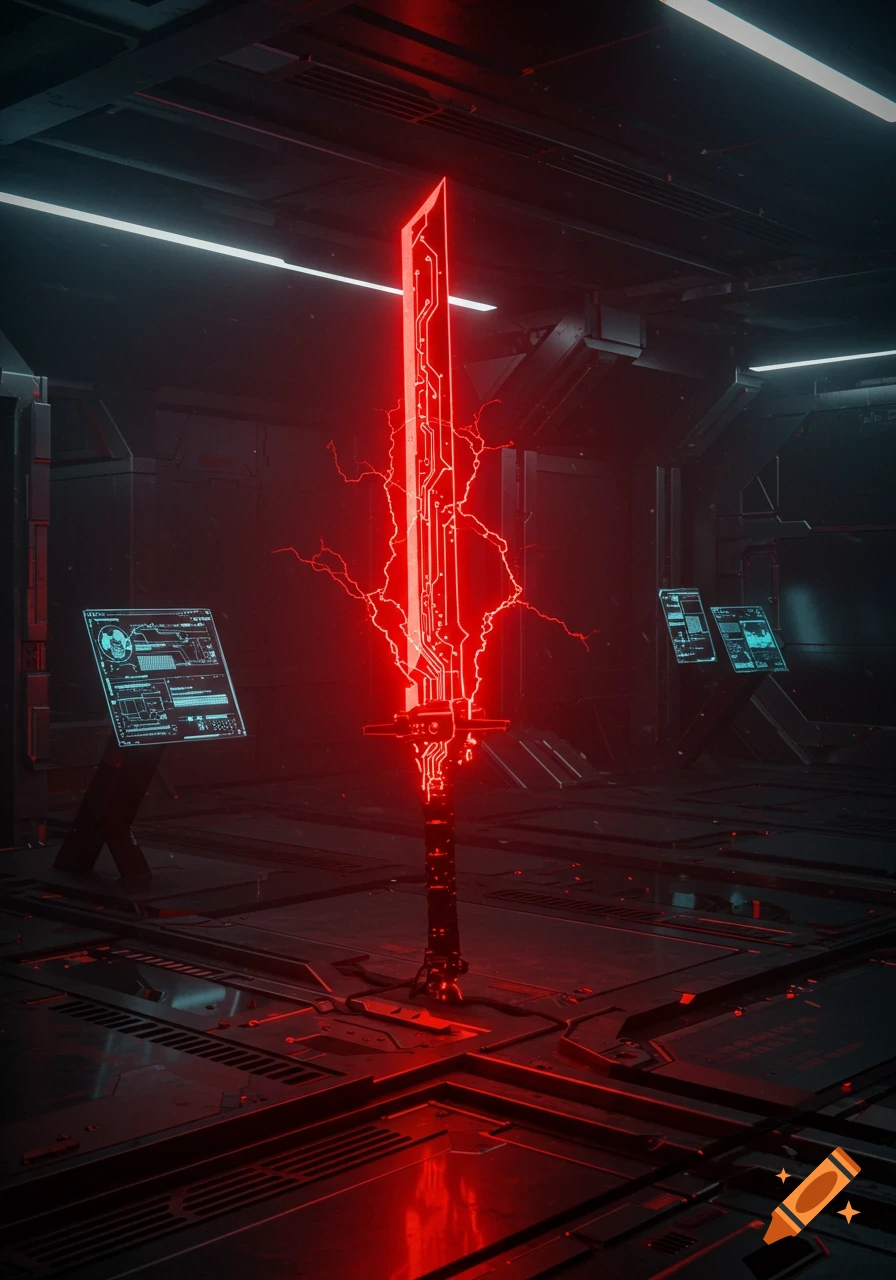 A glowing red energy sword with circuit patterns and electrical ...