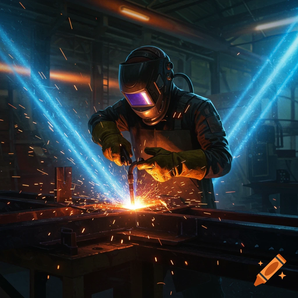 A welder in a helmet and protective gear creates bright sparks while ...