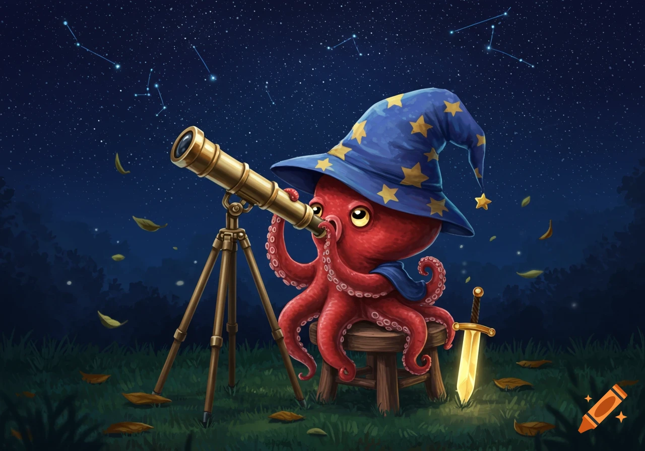 A cute red octopus in a blue wizard hat sits on a stool, looking ...