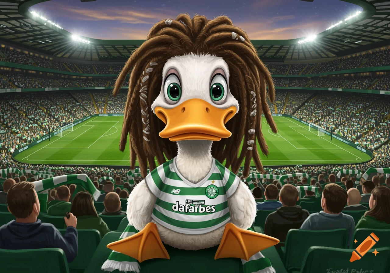 A cartoon duck with dreadlocks wearing a green and white striped ...