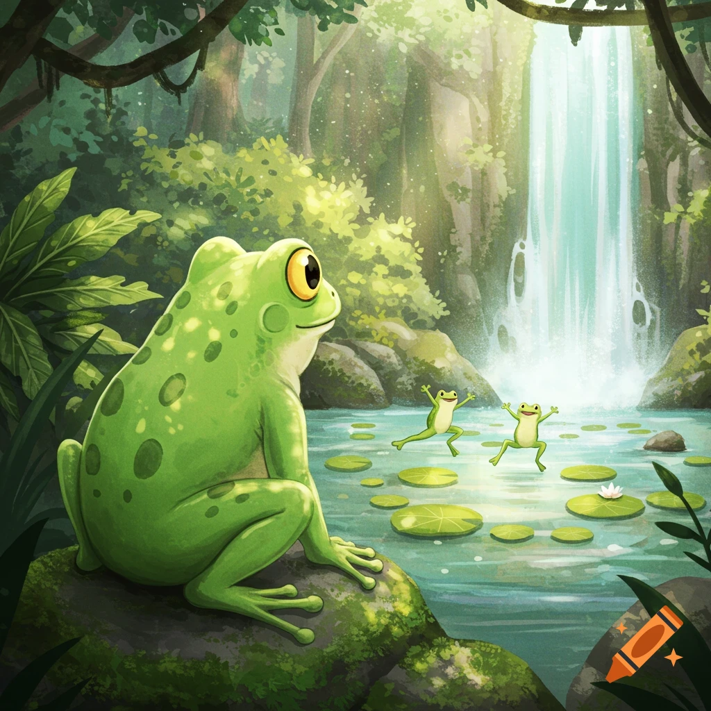 Three cartoon frogs in a garden, one green looking upset at two brown ...