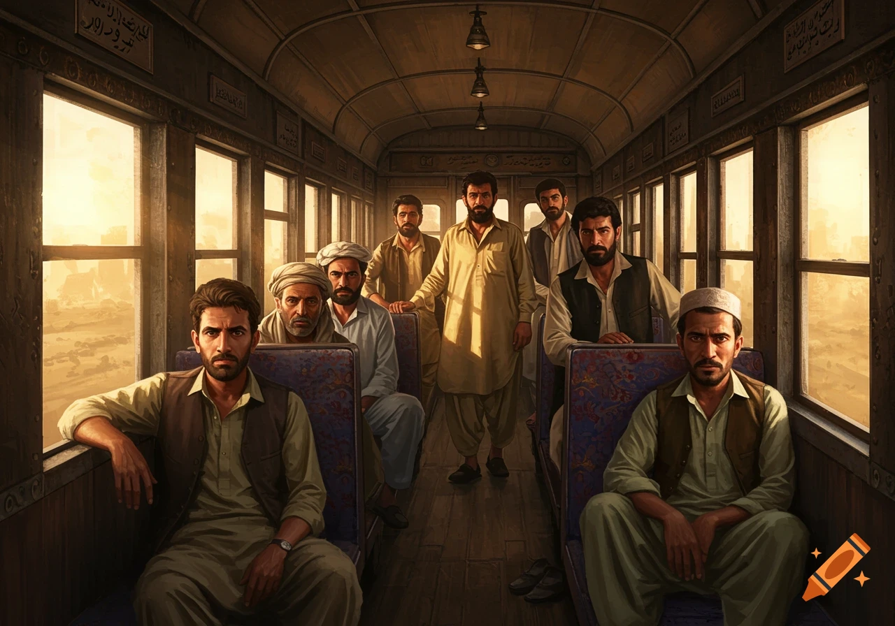 Wealthy men in suits look out from a train at indigenous farmers ...