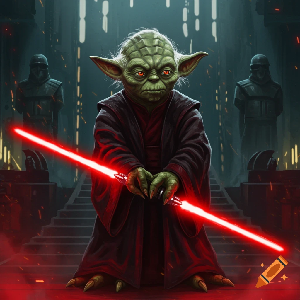 Sith Lord Yoda with glowing red eyes holding a red lightsaber in a dark ...