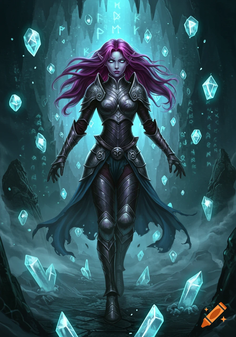 A blue-skinned woman in red armor with silver hair walks on rocks ...