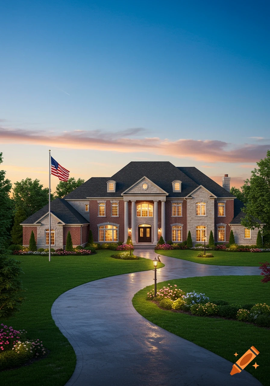 A large, luxurious suburban house with a circular driveway and ...