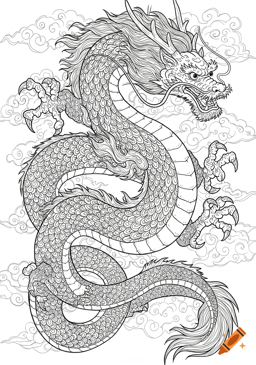Detailed line drawing of a dragon with large wings and scales ...
