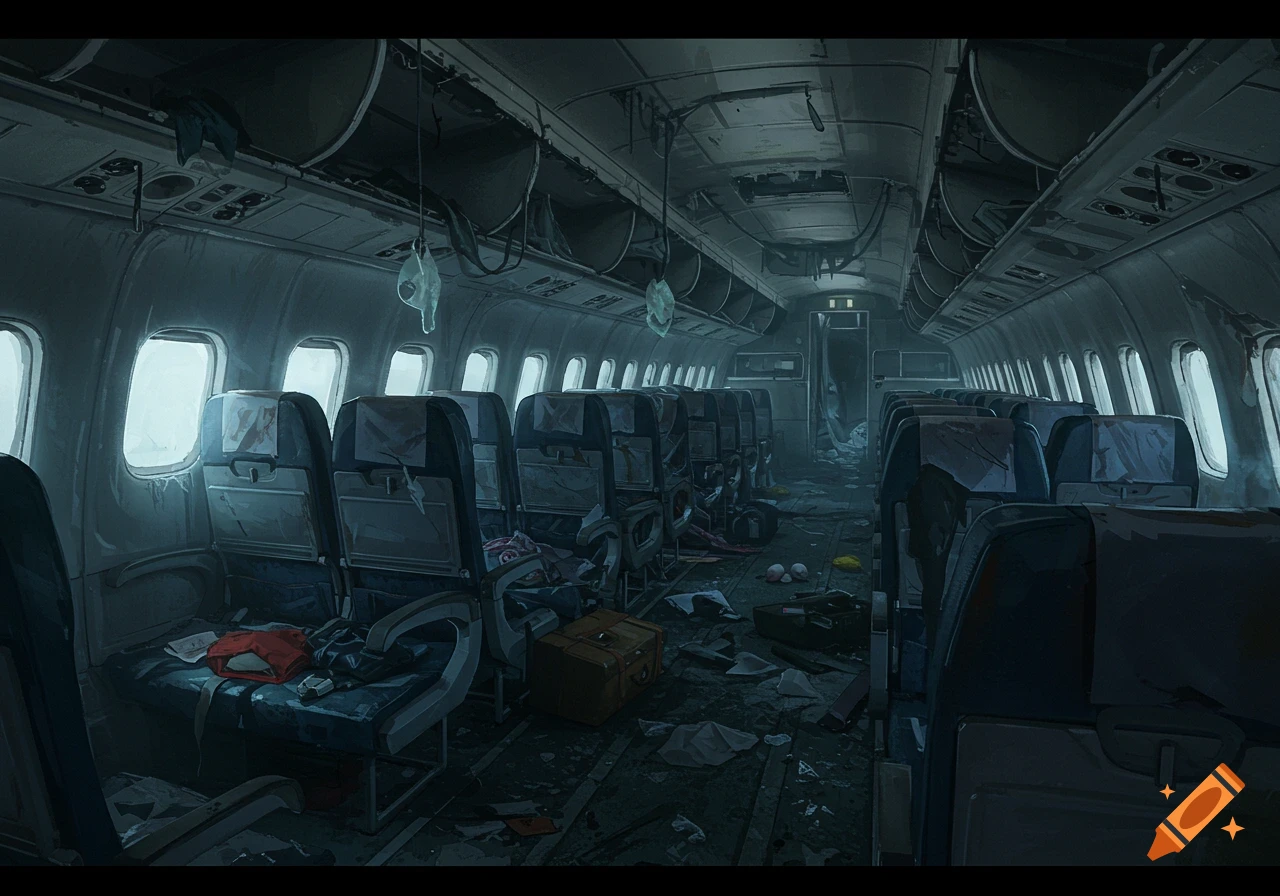 An illustration of the interior of a crashed passenger plane with ...