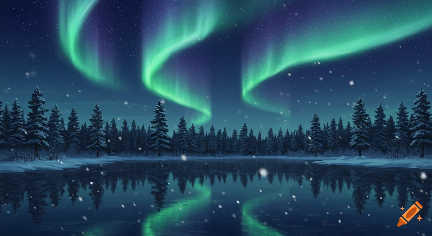 An illustrated view of the aurora borealis over jagged ice cliffs and a ...