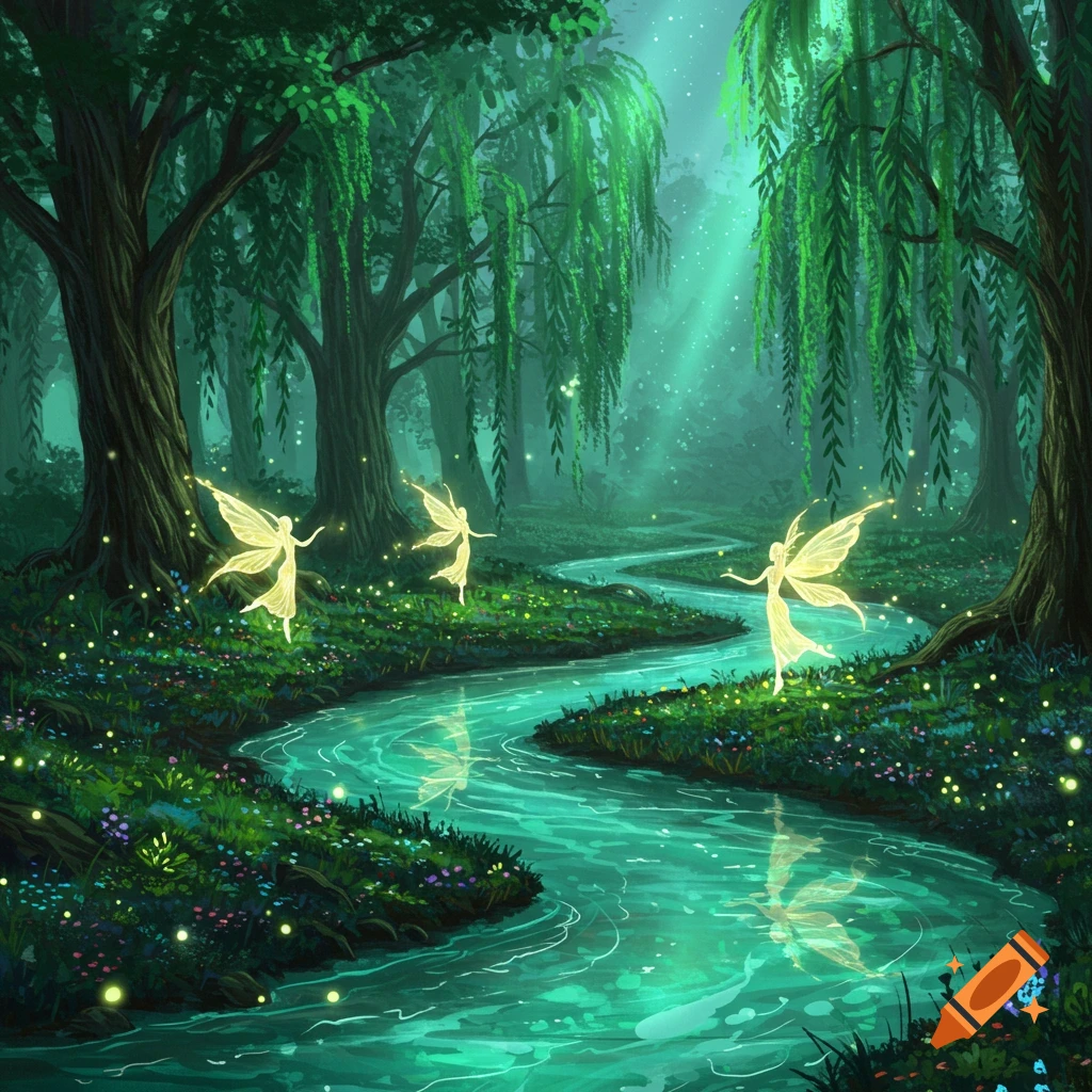 A magical forest scene with a winding river and glowing fairies dancing among the trees and ...