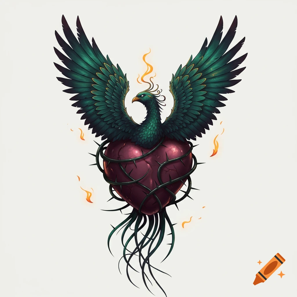 A vibrant teal phoenix with outstretched wings perches on a purple ...