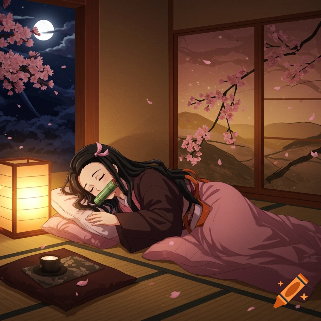 Anime character Nezuko sleeping on a futon in a traditional Japanese ...