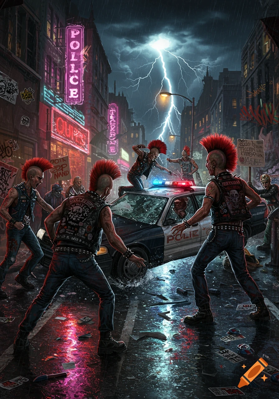 Punk rockers destroying a police car in a rainy, lightning-streaked ...