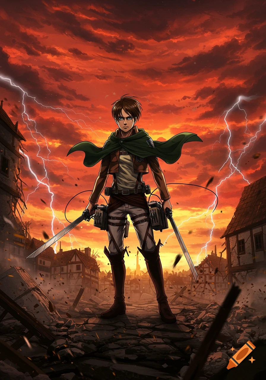 Eren Yeager from Attack on Titan stands in a ruined city under a stormy ...