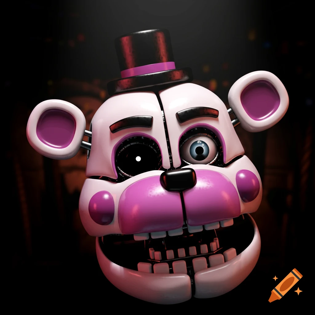 Close-up of a white animatronic bear head with pink snout and ears, a ...