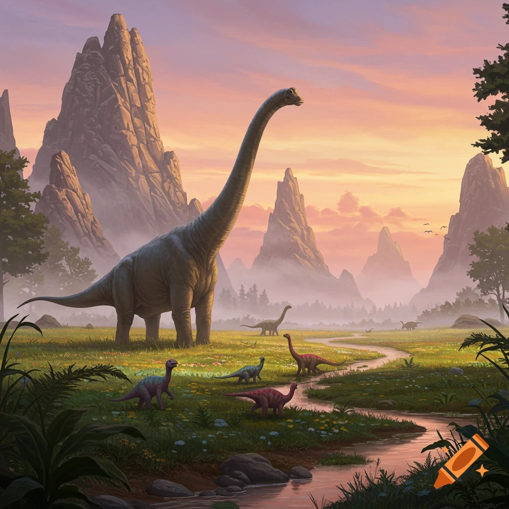 Dinosaurs and pterodactyls in a lush prehistoric valley with a river at ...