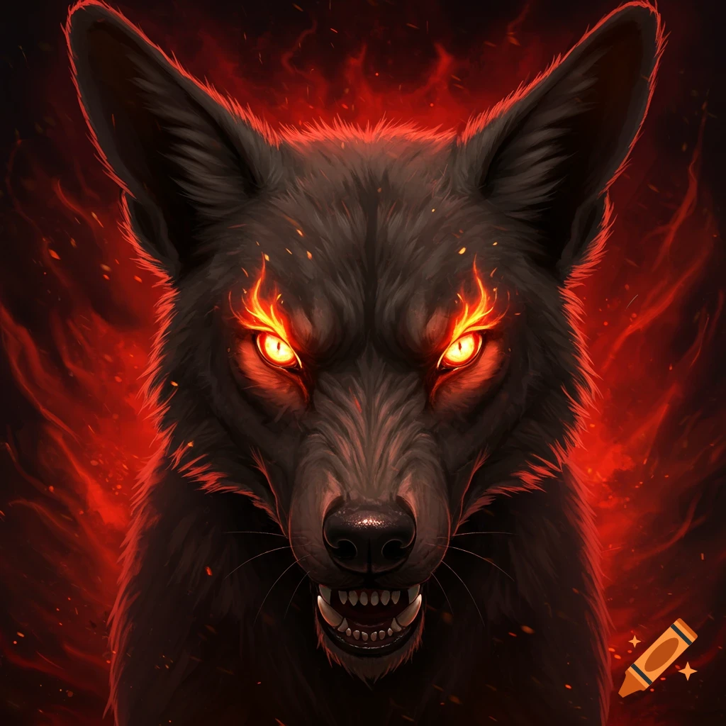 Close-up of a dark, aggressive wolf-like creature with glowing orange eyes and bared teeth ...
