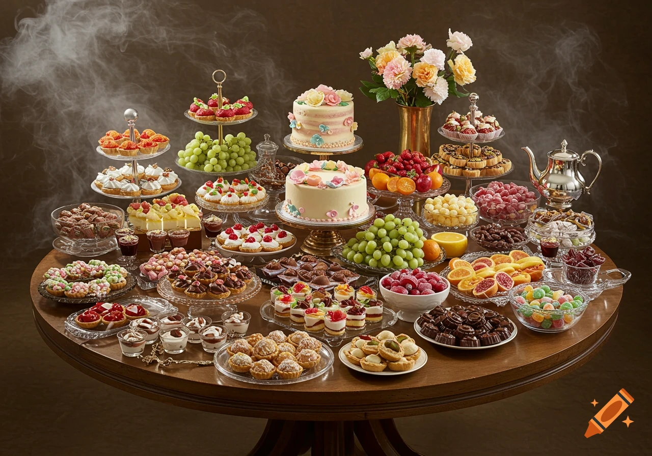 A photorealistic image of a lavish dessert table laden with cakes ...
