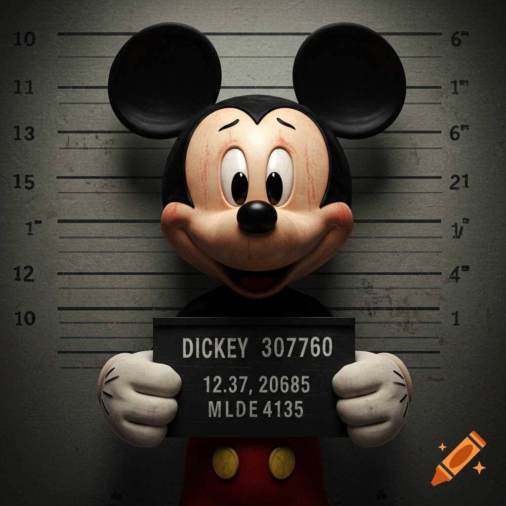 Photorealistic Mickey Mouse stands against a mugshot height chart ...