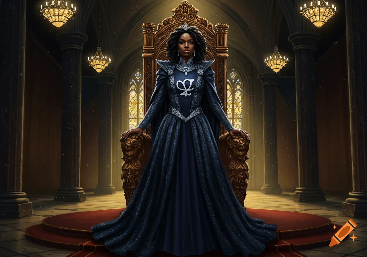 A dark-skinned queen in a jeweled crown and elaborate black gown sits ...