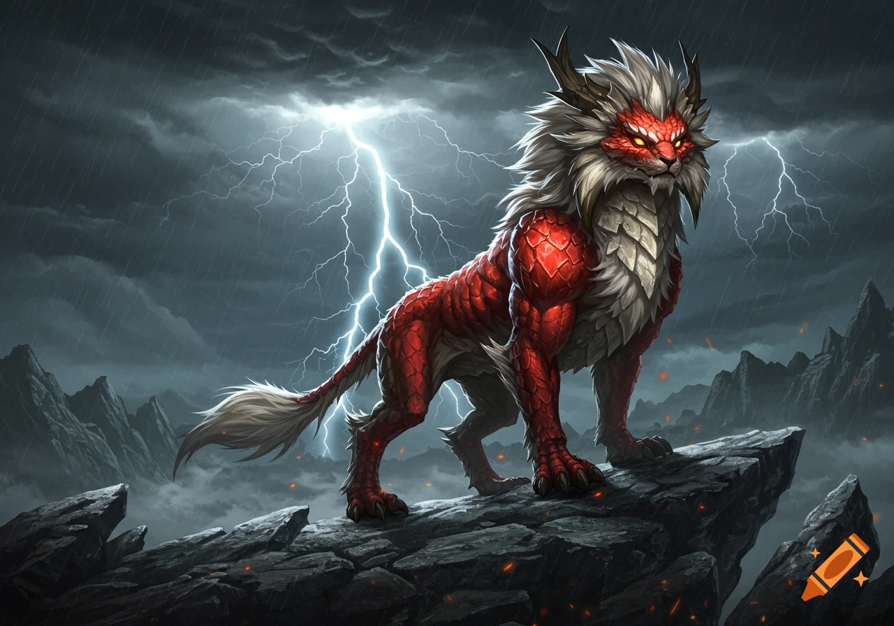 A powerful red-scaled, white-maned Lynel-like creature stands on a ...