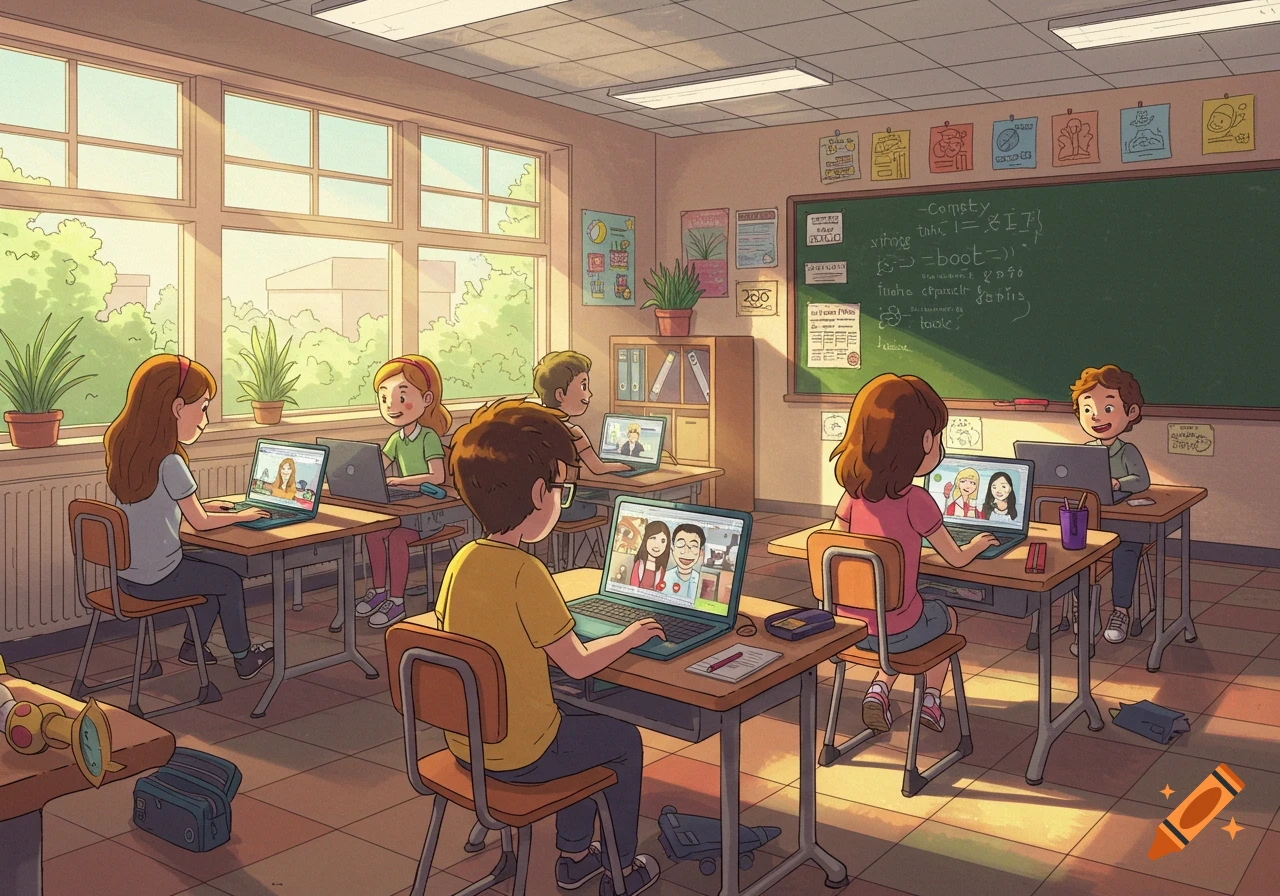 Cartoon style illustration of children in a sunny classroom, sitting at ...