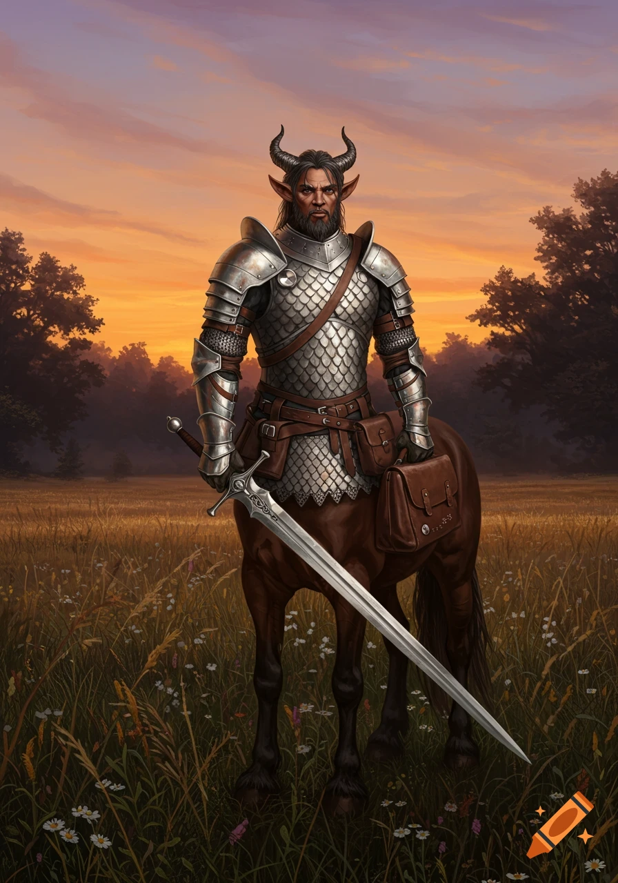 A centaur warrior in scale armor, holding a greatsword, stands in a ...