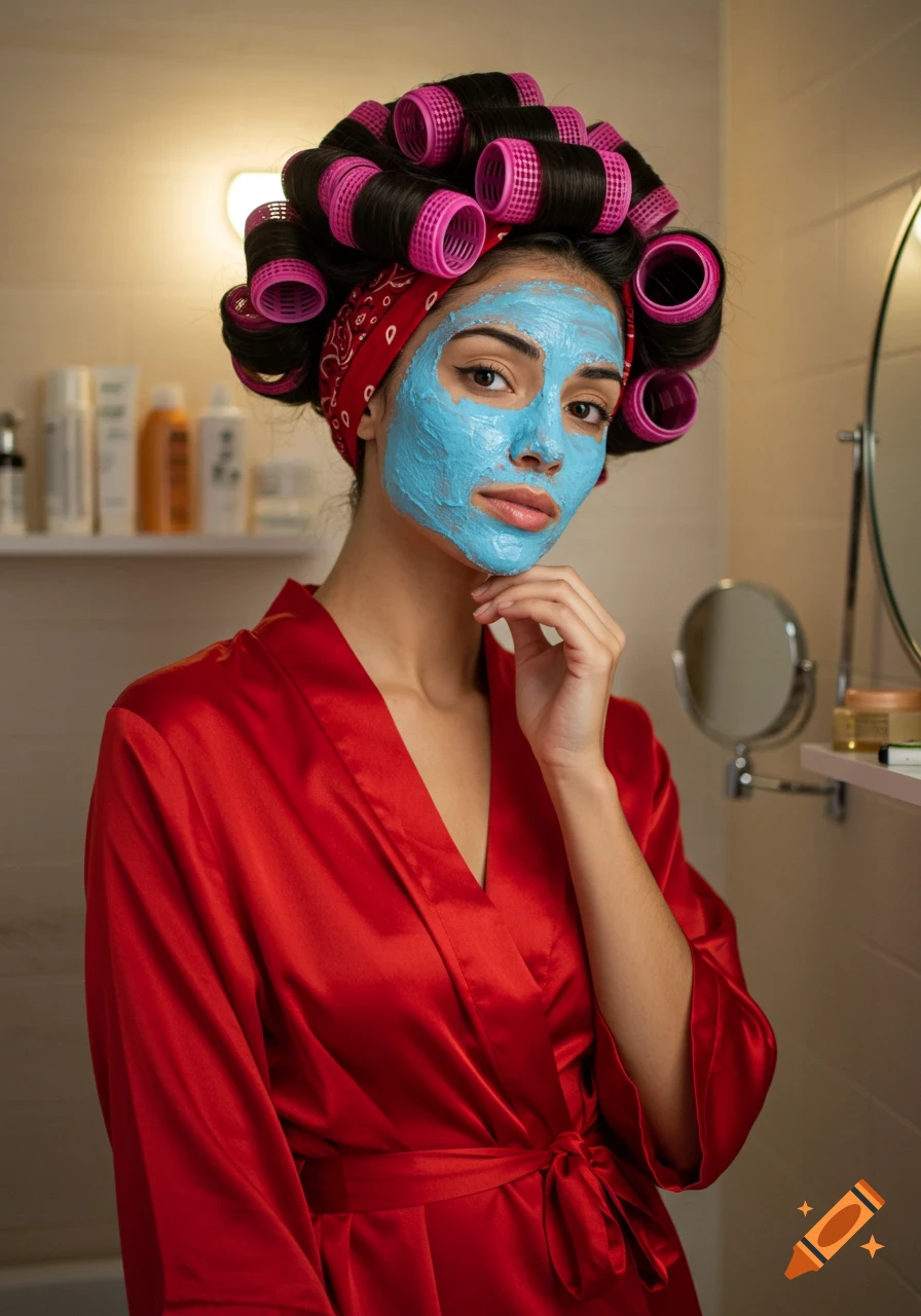 A woman in a red satin robe and pink hair rollers with a blue face mask ...