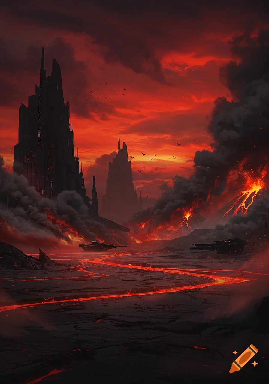 A dark, cracked lava castle with glowing rivers and waterfalls under a ...