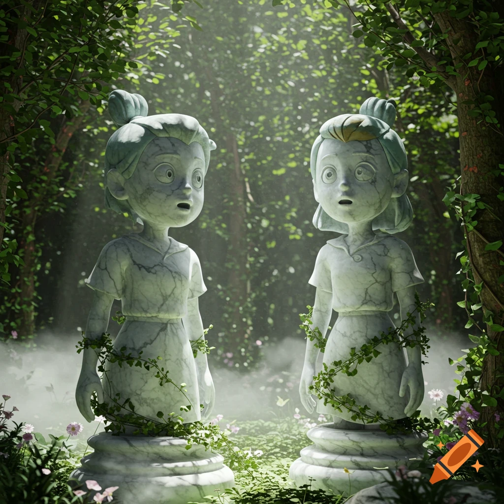 Two surprised marble statues of cartoon girls stand amidst a sunlit ...