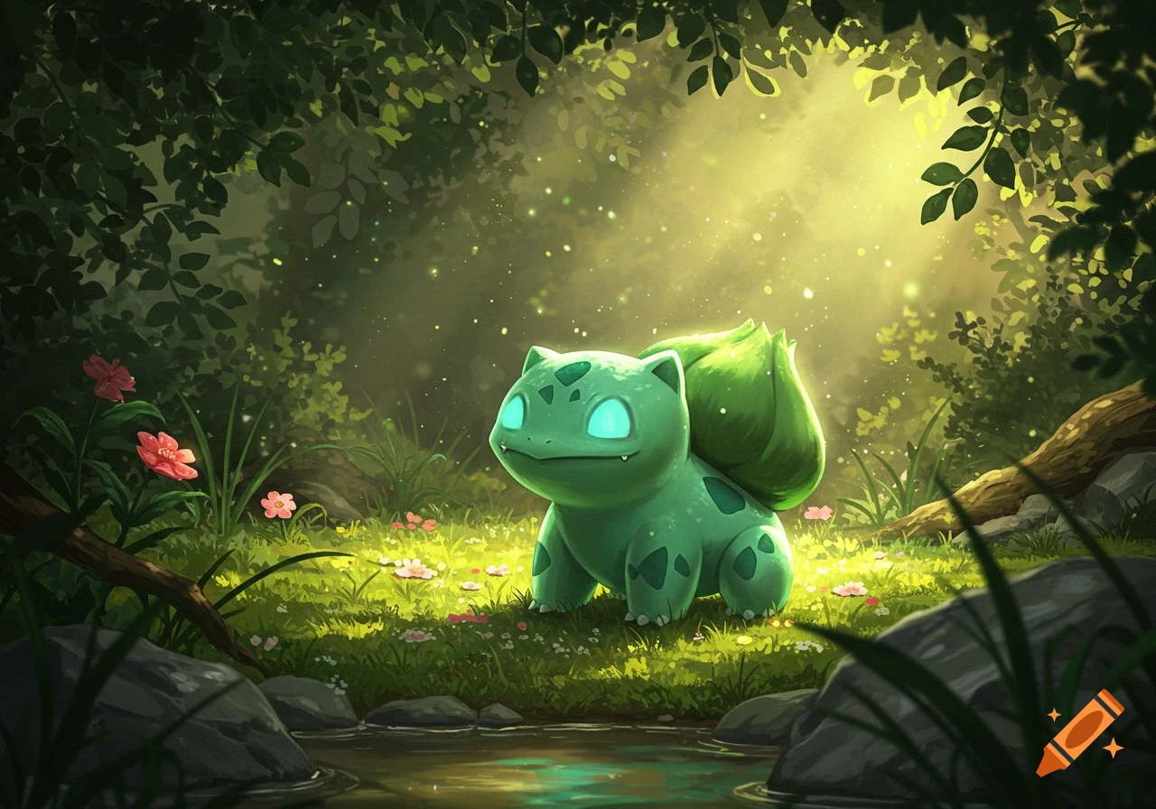 Bulbasaur stands in a sunlit forest clearing with glowing eyes ...